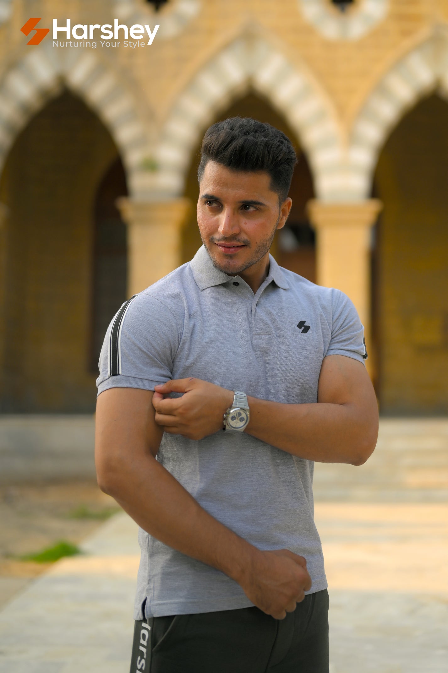 Classic Grey Polo with Black Stripes on Sleeves – Harshey