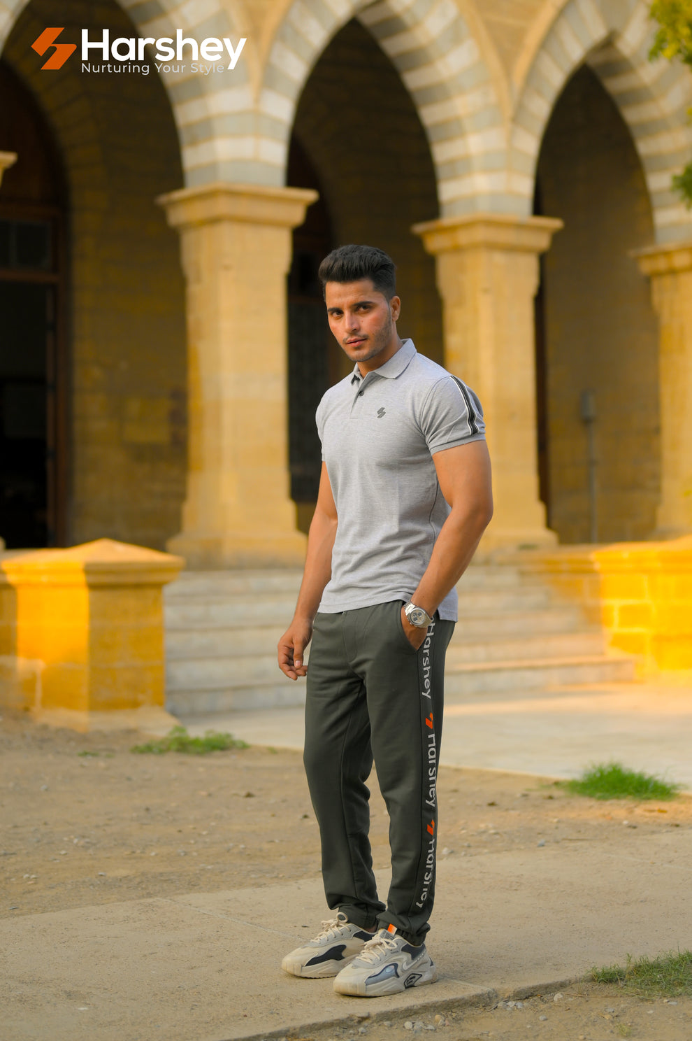 Classic Grey Polo with Black Stripes on Sleeves – Harshey