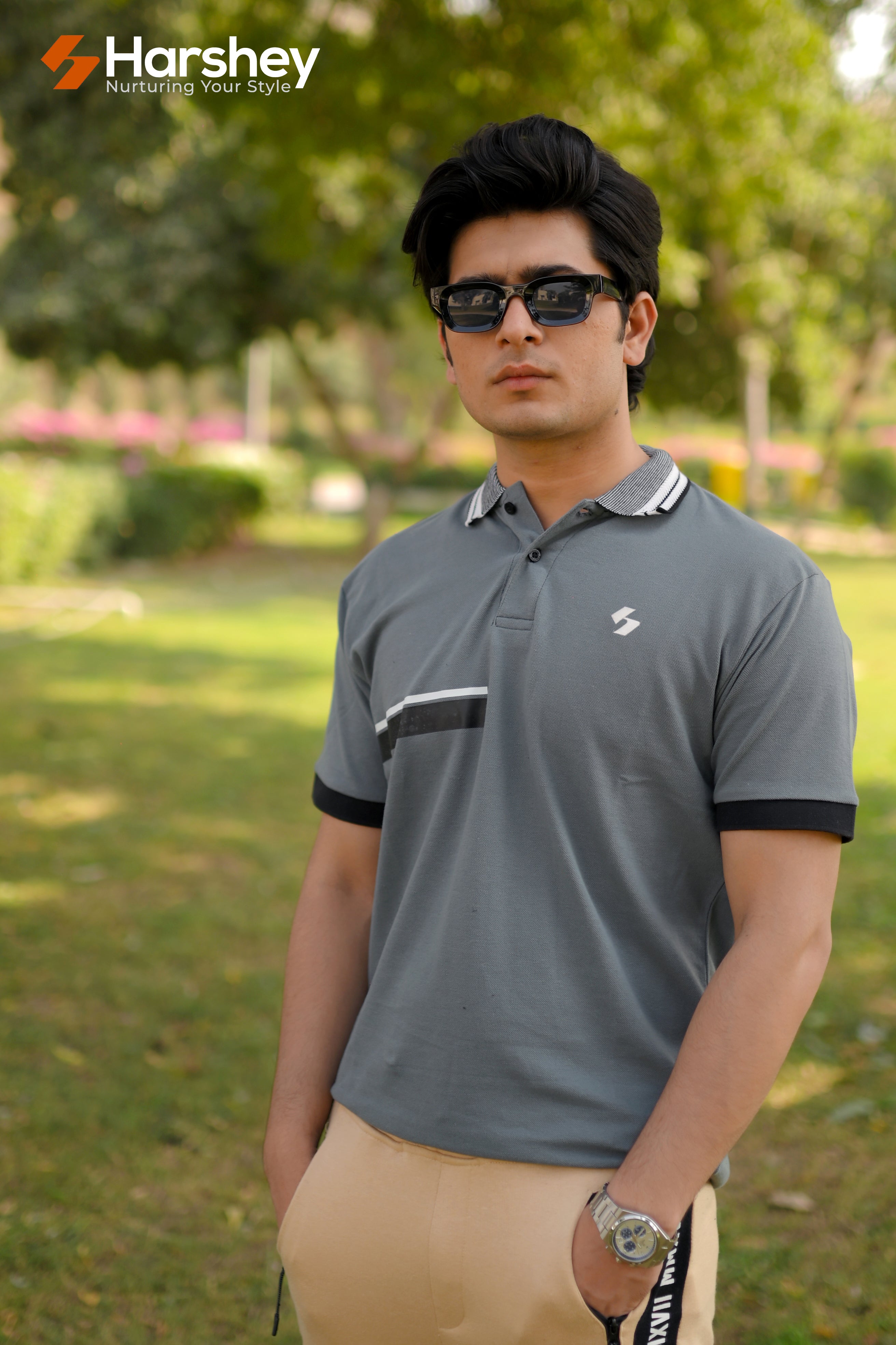 Classic Dark Grey Polo with white and grey Collar – Harshey